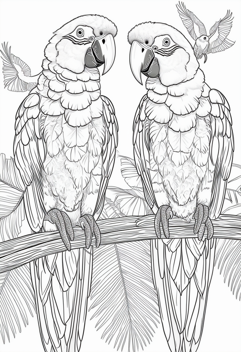 Bright Parrots In A Tropical Paradise - Free Animals Coloring Page
