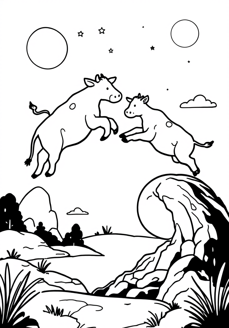 Cows Jumping Over The Moon Coloring Page - Free Animal Coloring Sheet