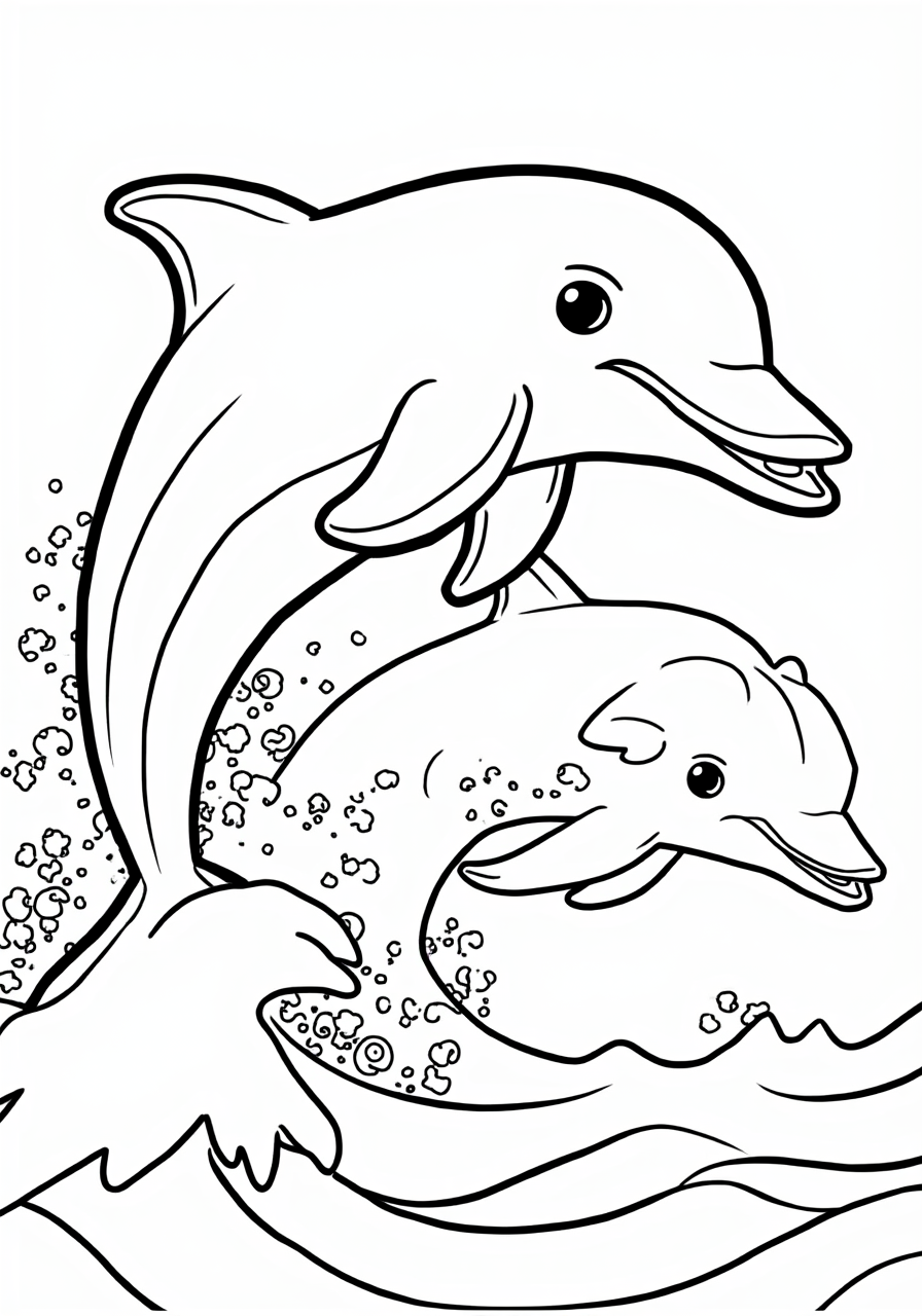 Dolphins Jumping Over Ocean Waves - Free Animals Coloring Page
