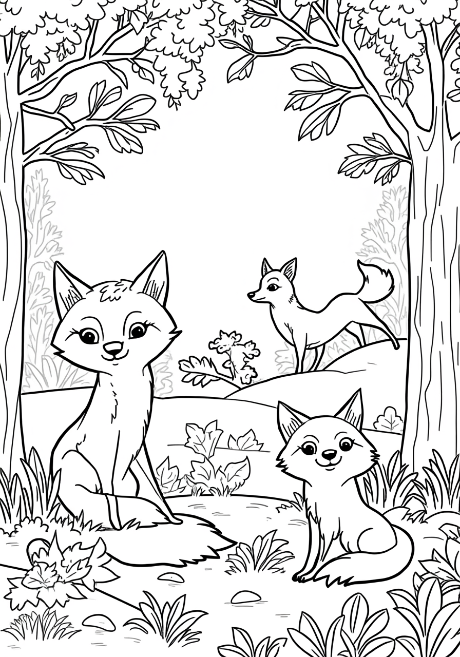 Foxes Playing in an Autumn Forest - Free Animal Coloring Page