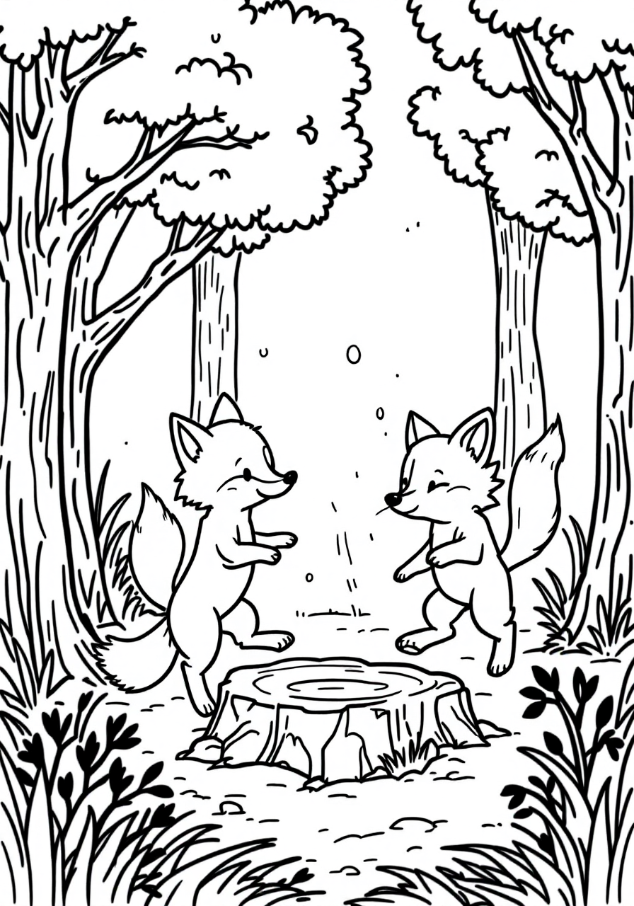 Foxes Playing in the Forest Clearing - Free Animal Coloring Page