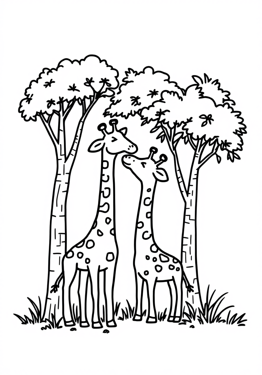 Giraffes Eating Leaves From Tall Trees - Free Animals Coloring Page
