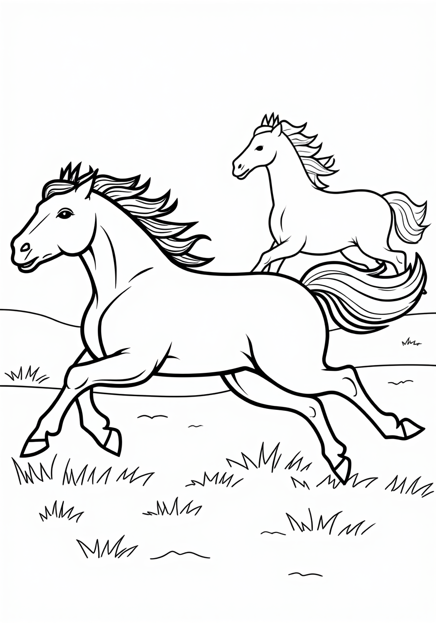 Horses Running Across A Meadow - Free Animal Coloring Page