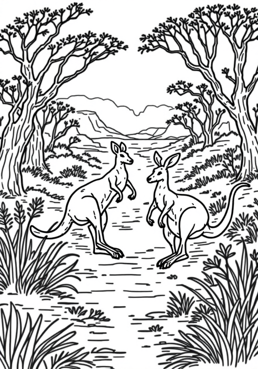 Kangaroos Hopping In The Outback - Free Animal Coloring Page