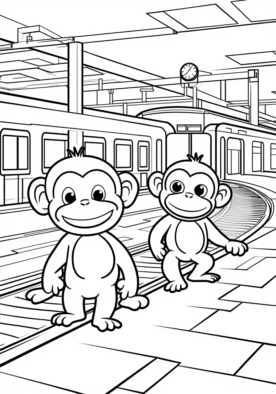 Monkeys Leaping Through a Train Station - Animal Coloring Page