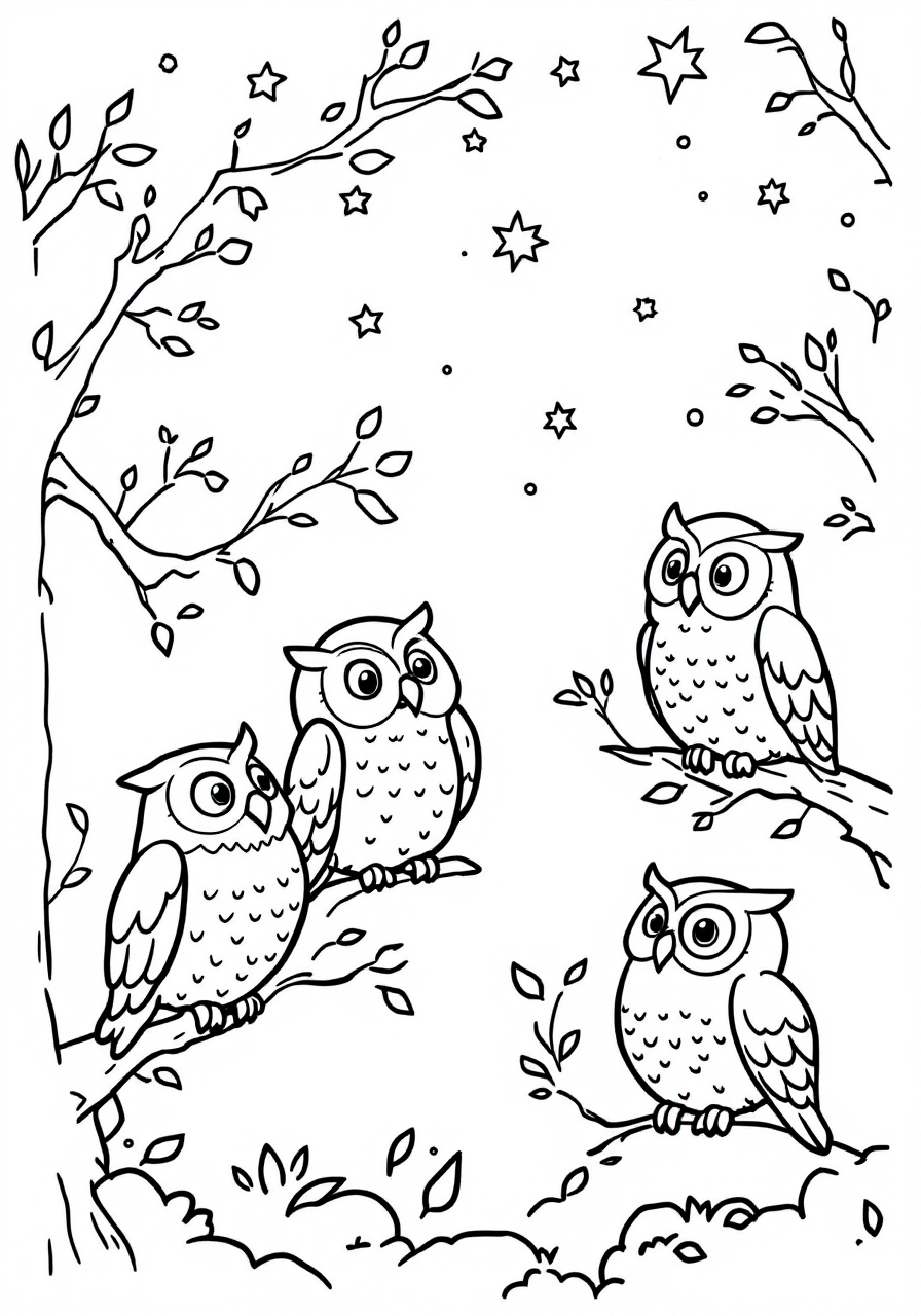 Owls Watching the Night Sky - Free Animal Coloring Page