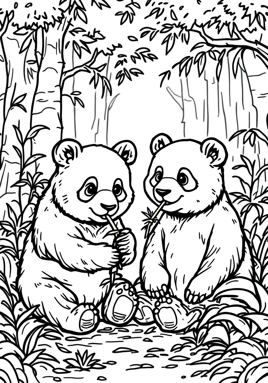 Pandas Eating Bamboo In The Forest - Free Animal Coloring Page