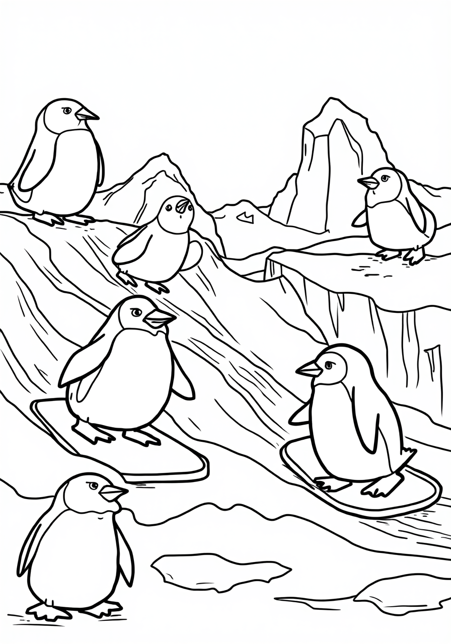 Penguins Sliding On Ice - Free Animal Coloring Page