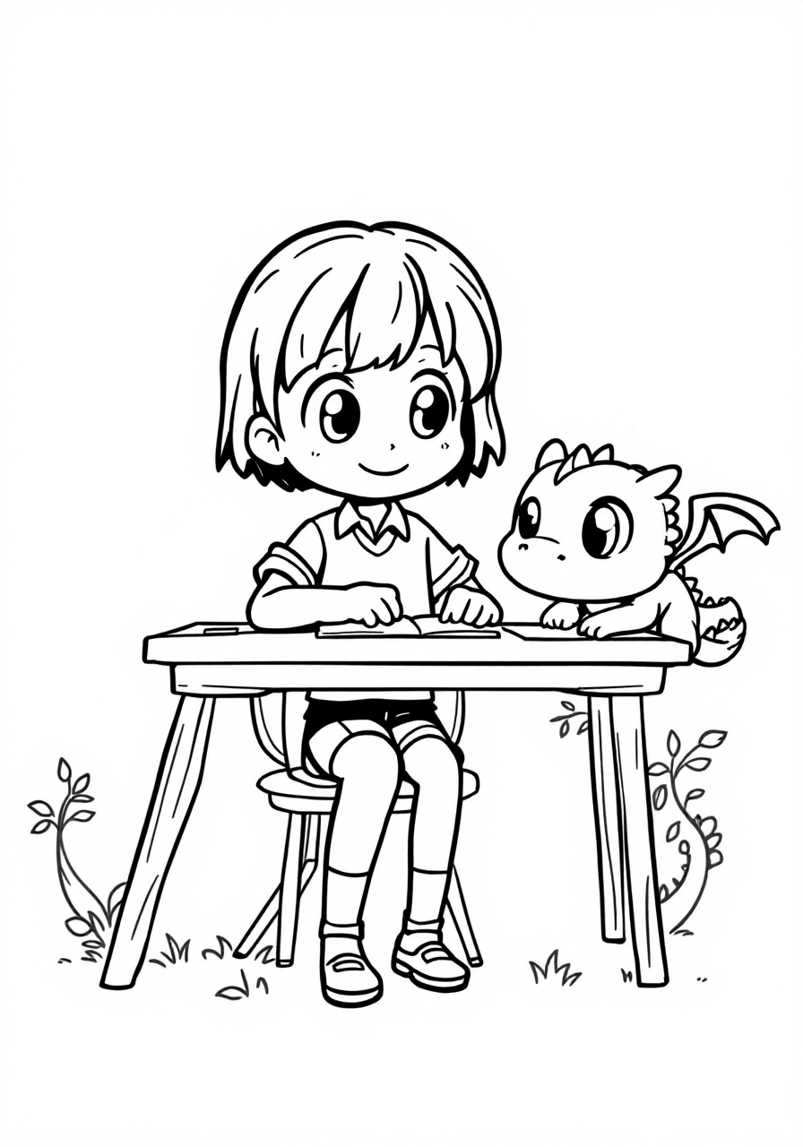 Anime Character Doing Homework with Pet Dragon - Free Coloring Page