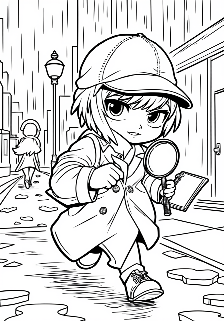 Anime Detective Chasing a Clue in the Rain – Free Coloring Page for Kids