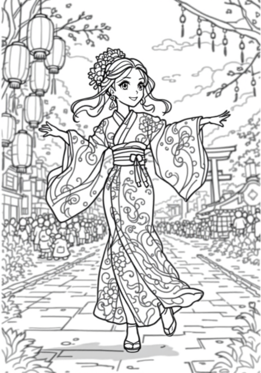 Anime Princess Dancing at the Summer Festival - Free Coloring Page