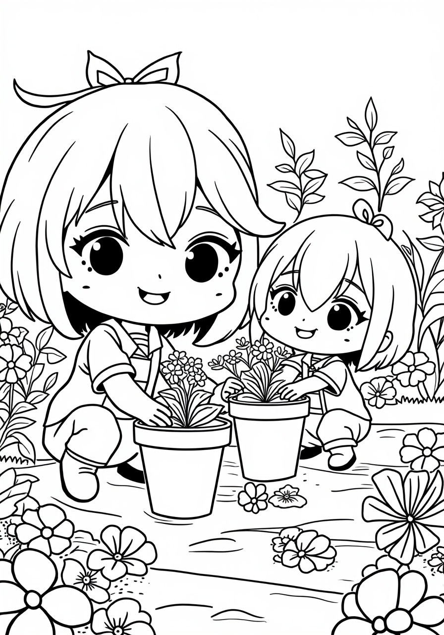 Cute Chibi Characters Planting Flowers - Free Anime Coloring Page
