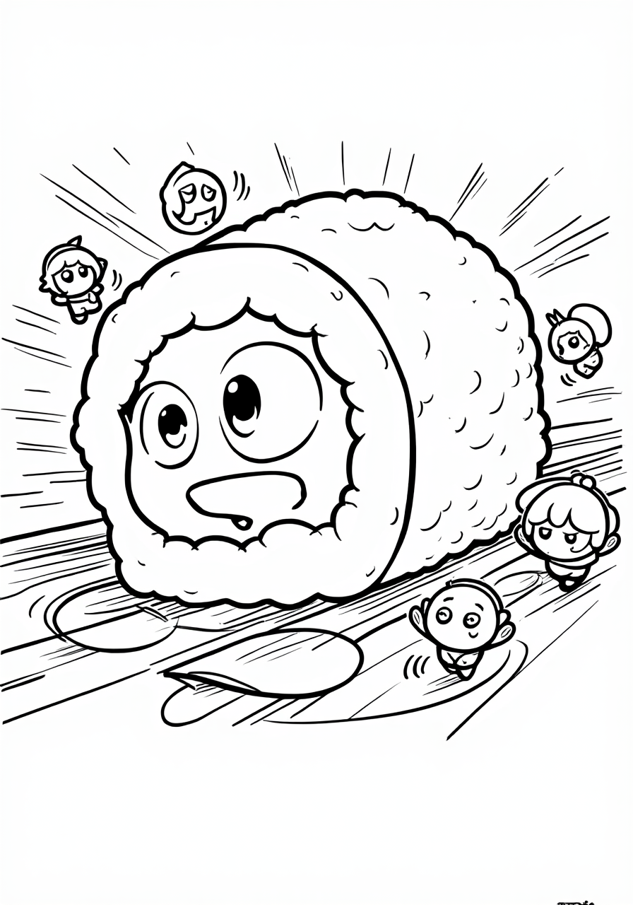 Giant Sushi Roll Chasing Anime Characters - Free Anime Coloring Page