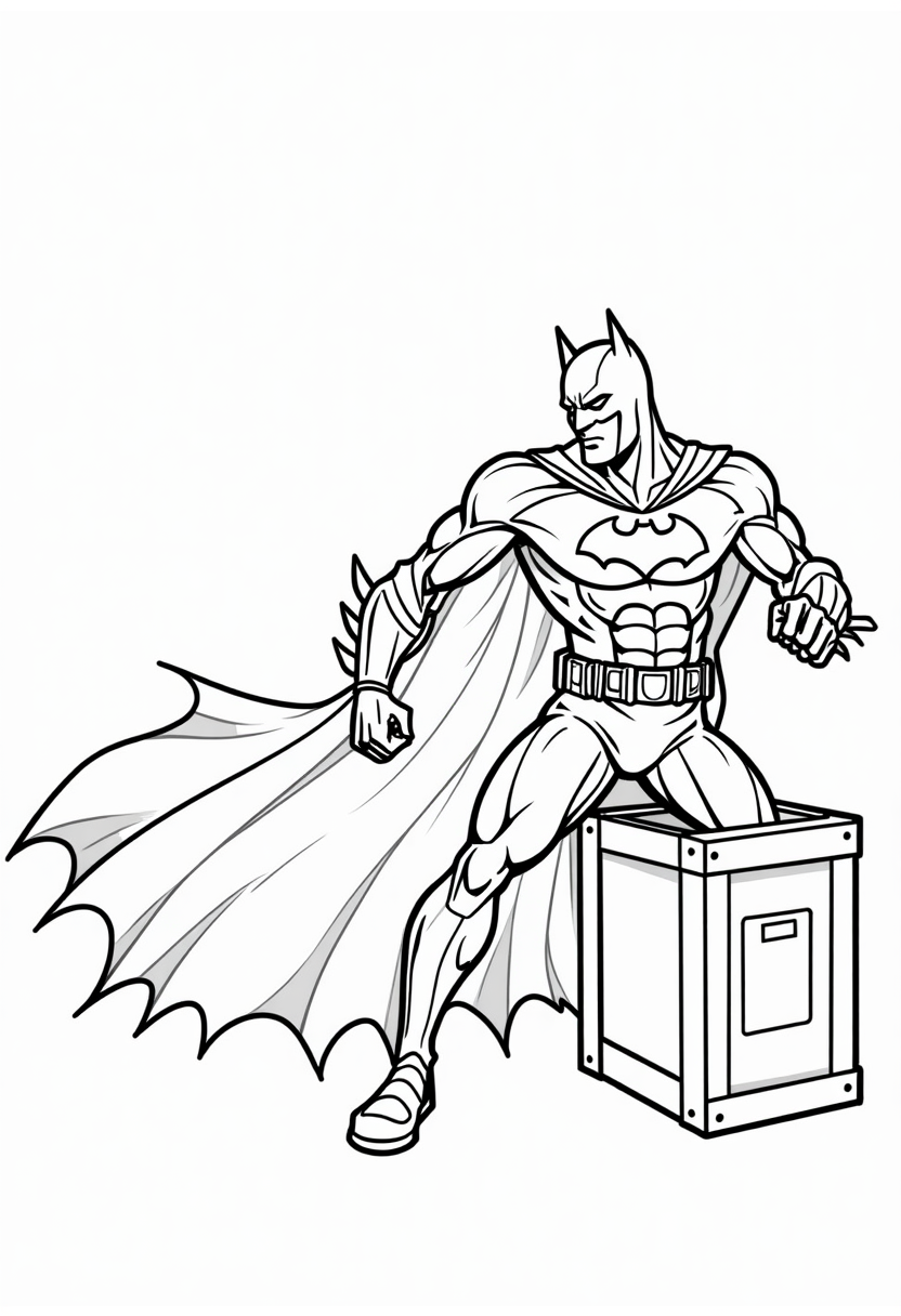 Batman Ducking Behind A Crate During A Heist - Free Coloring Page