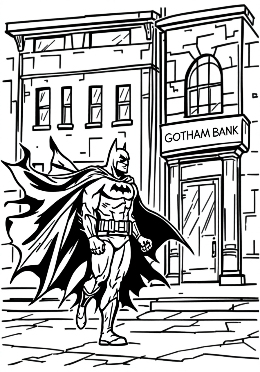 Batman Protecting Gotham Bank - Free Batman Coloring Page