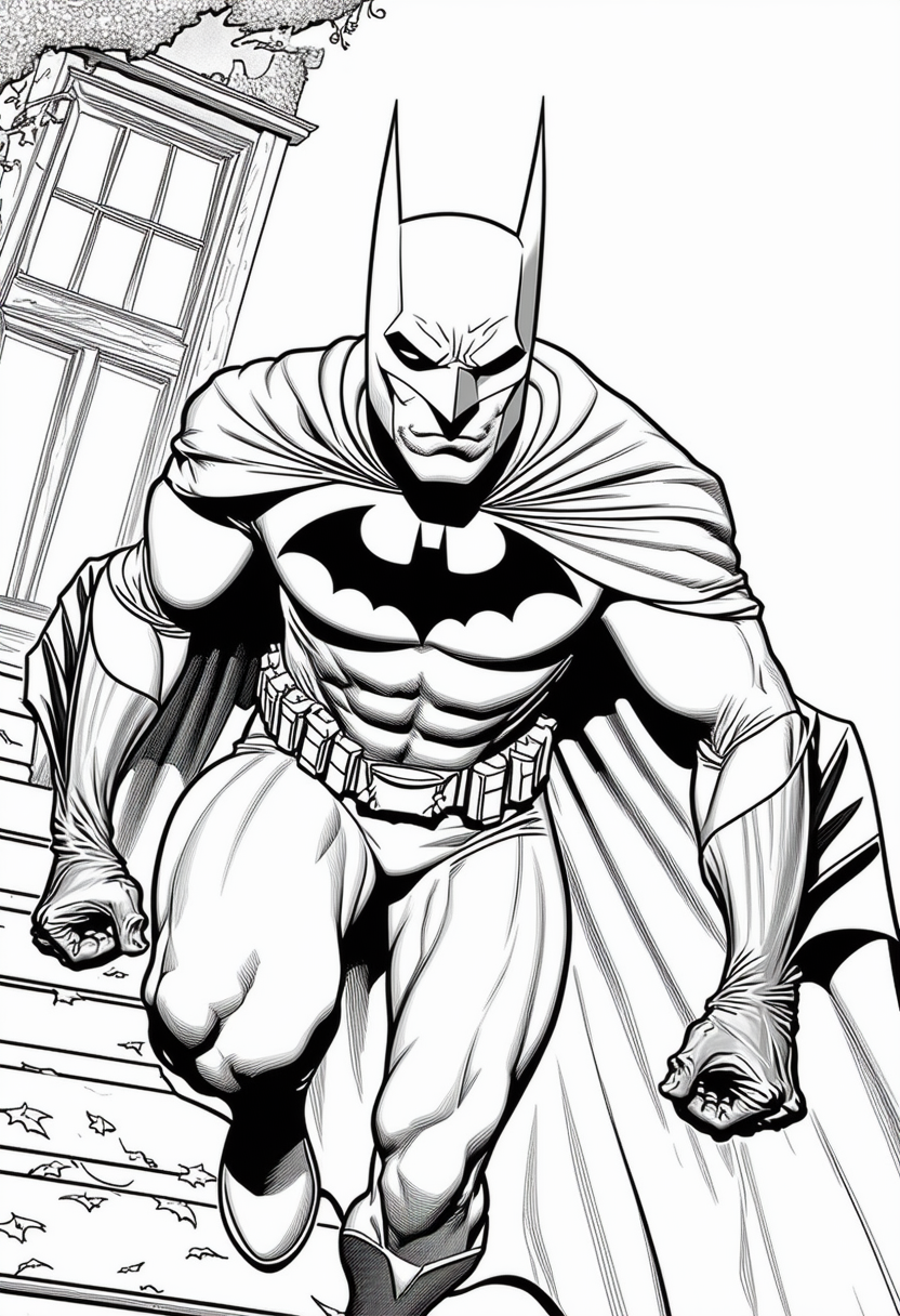 Batman Sneaking In A Haunted Mansion - Free Printable Coloring Page