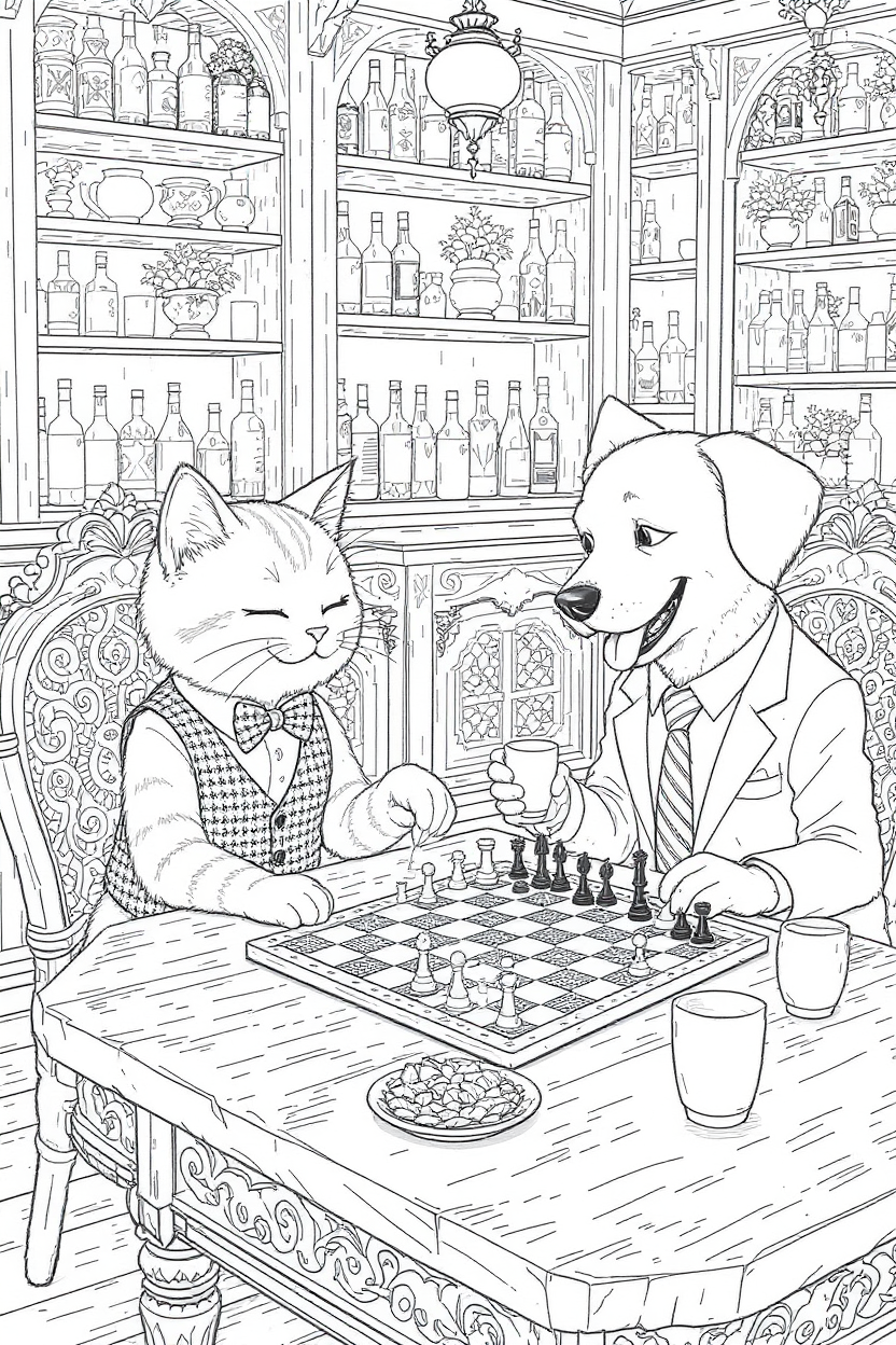 Cat And Dog Playing Chess In A Bar - Free Cat Coloring Page