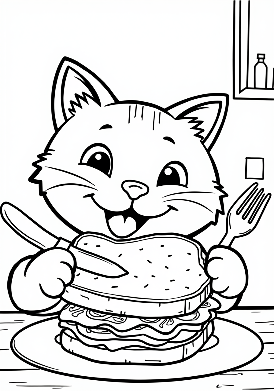 Cat Eating A Big Sandwich - Free Funny Cat Coloring Page
