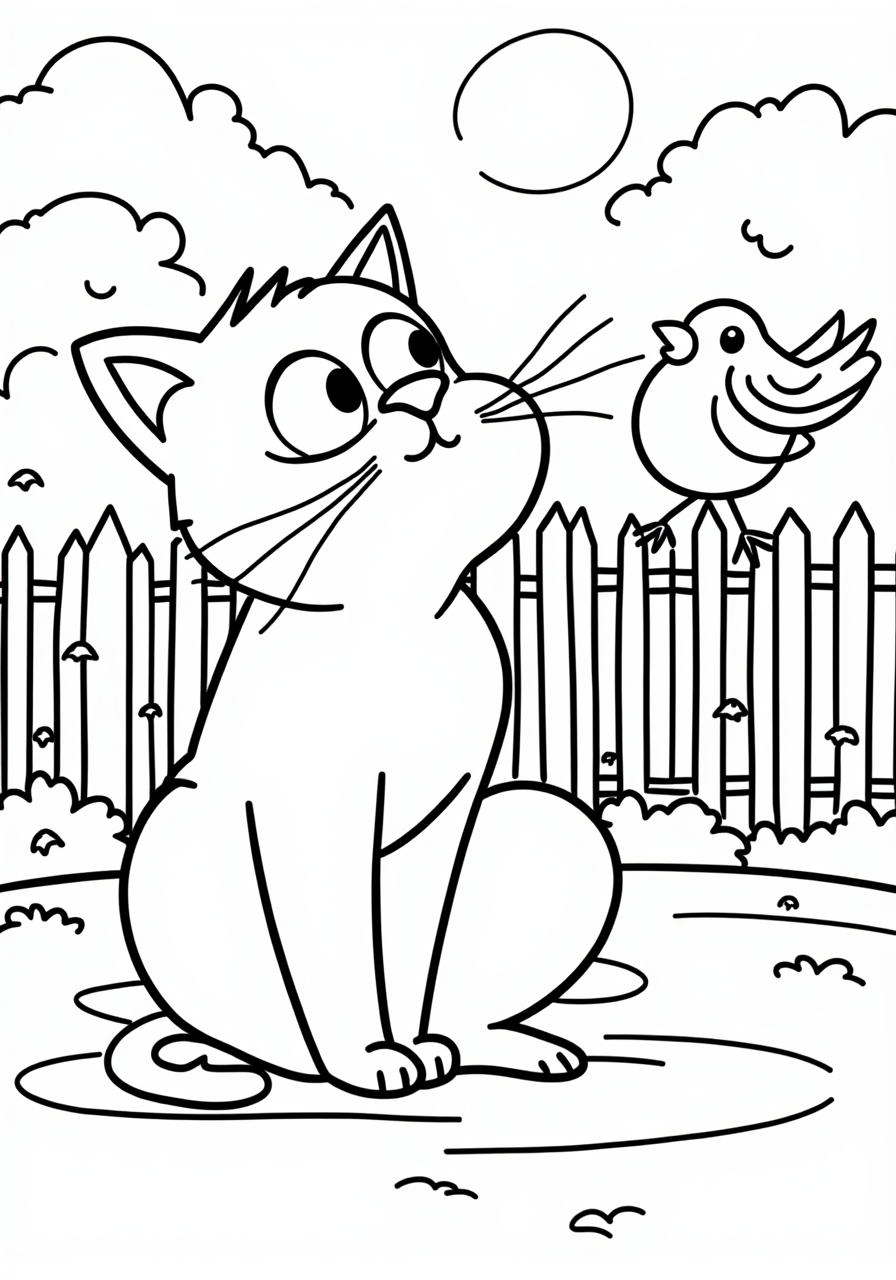 Cat Watching Birds in the Backyard - Free Cats Coloring Page