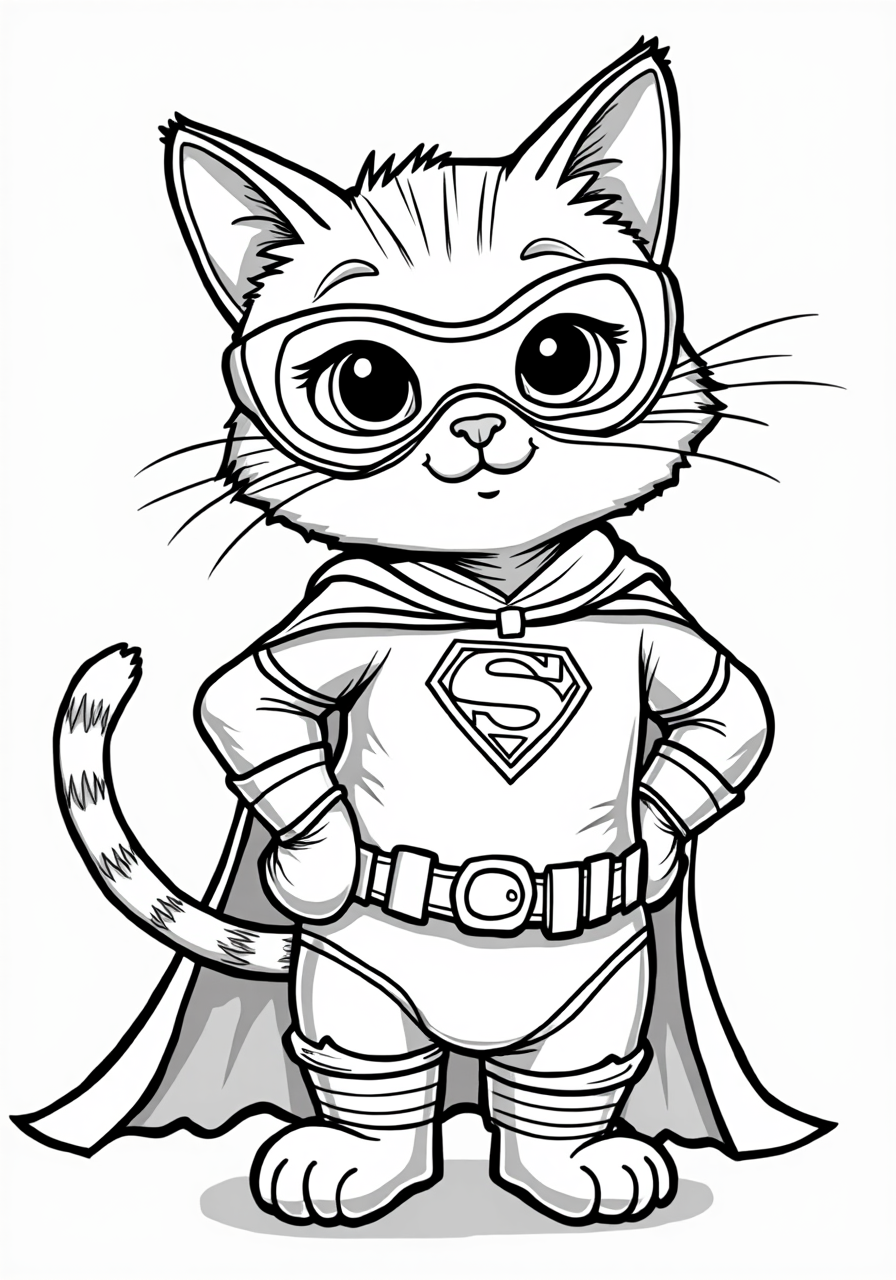 Confident Superhero Cat Ready For Action - Free Cat Coloring Page