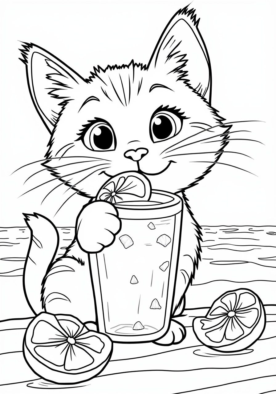 Cute Cat Enjoying Their Lime Soda - Free Cat Coloring Page
