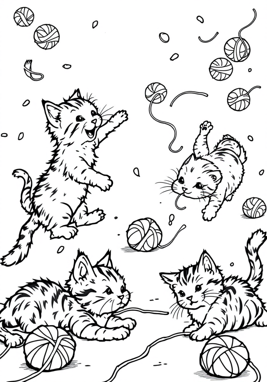 Playful Kittens Chasing Yarn Balls - Free Cat Coloring Page