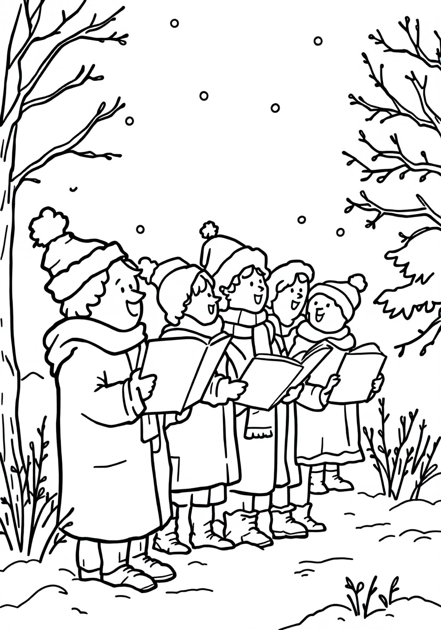 Christmas Carolers Singing in the Snow - Free Festive Coloring Page