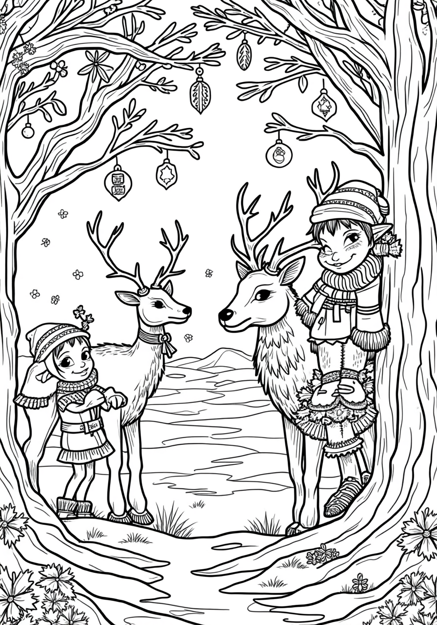Reindeer Playing Hide and Seek with Elves - Free Christmas Coloring Page