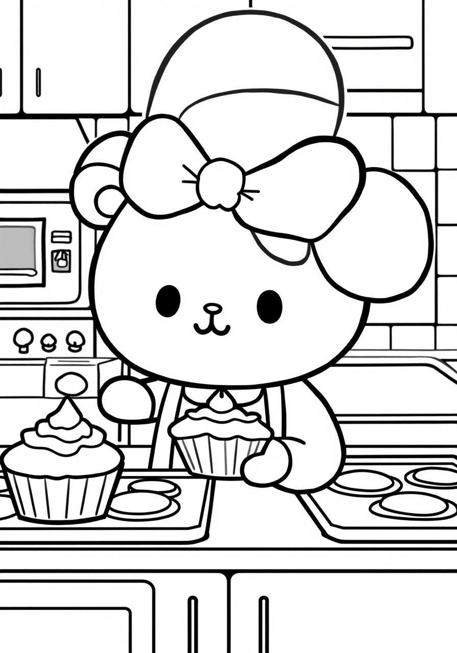 Cinnamoroll Baking Cupcakes In The Kitchen - Free Cute Coloring Page