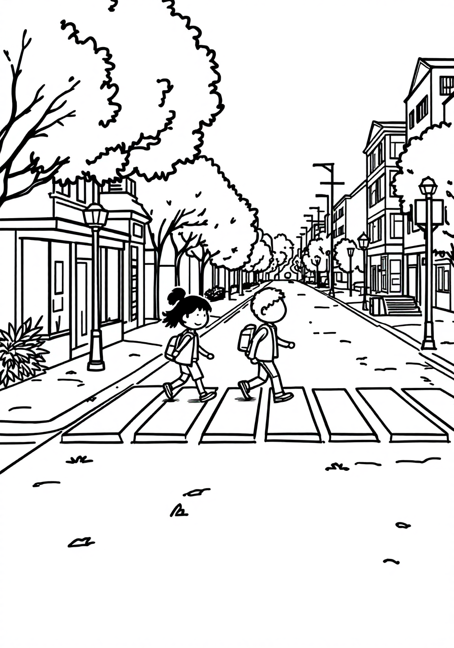 School Children Crossing Urban Crosswalk - Free City Coloring Page