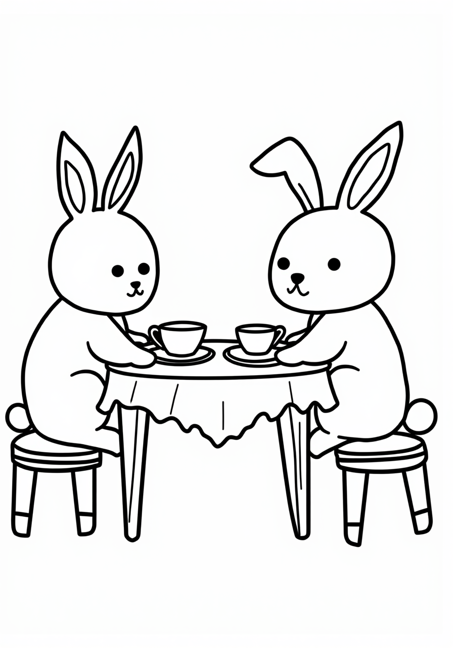 Bunnies Having A Tea Party - Free Cute Coloring Page