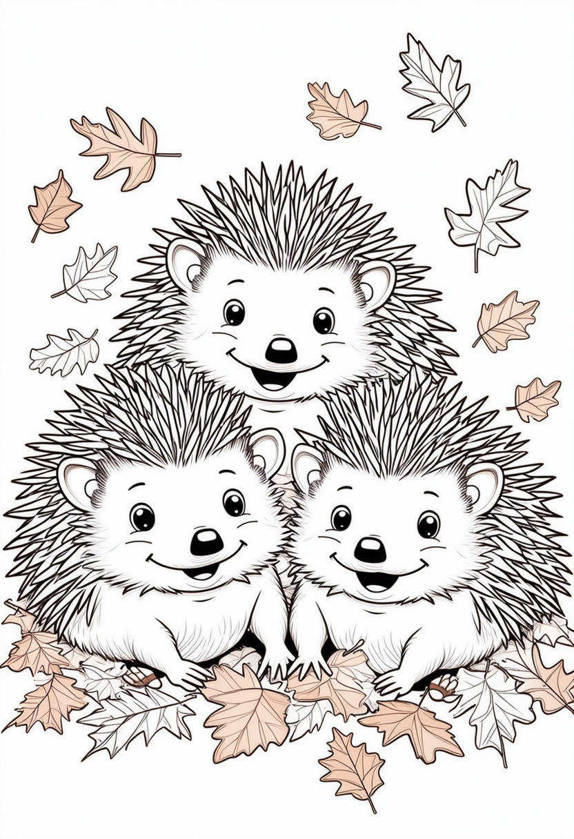 Happy Hedgehogs in Autumn Leaves - Free Cute Coloring Page