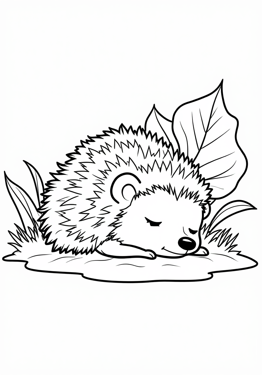 Hedgehogs Napping Under Leaves - Free Cute Coloring Page