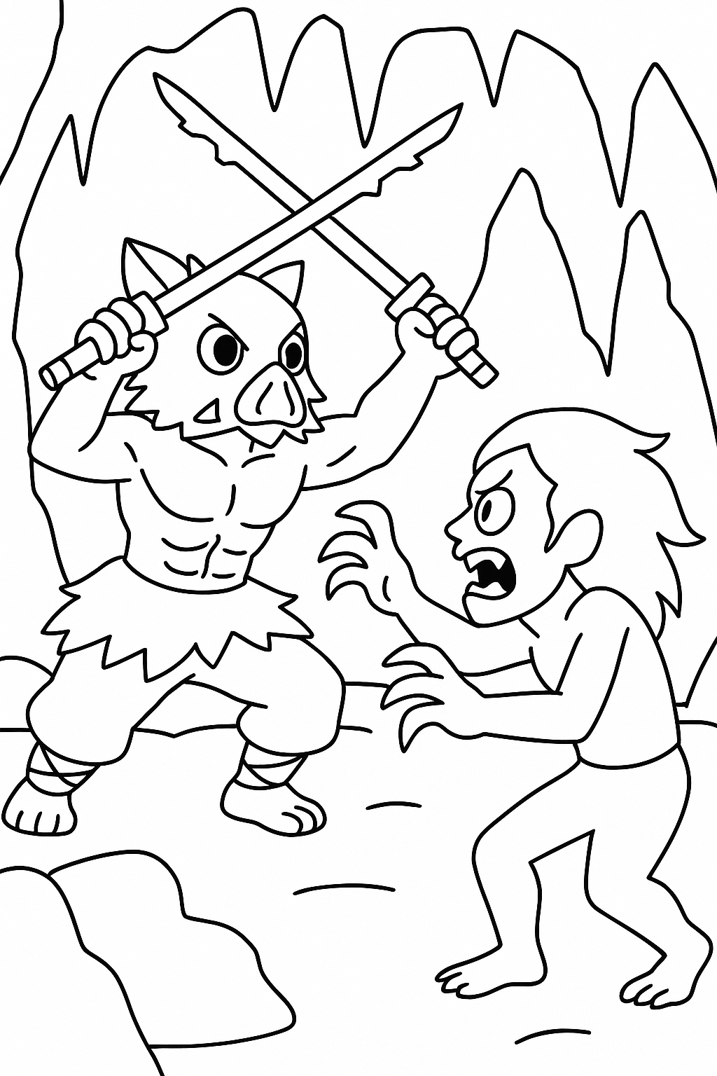 Inosuke Battling a Demon in a Cave - Free Demon Slayer Coloring Page