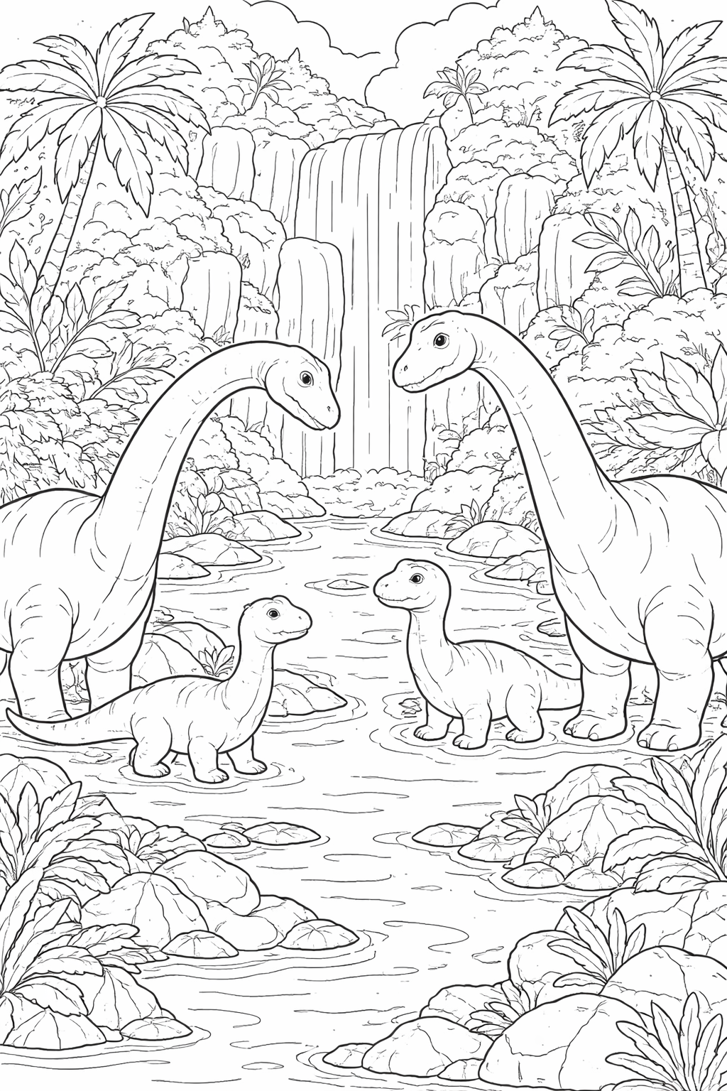 Apatosaurus Family by the Waterfall - Free Dinosaur Coloring Page