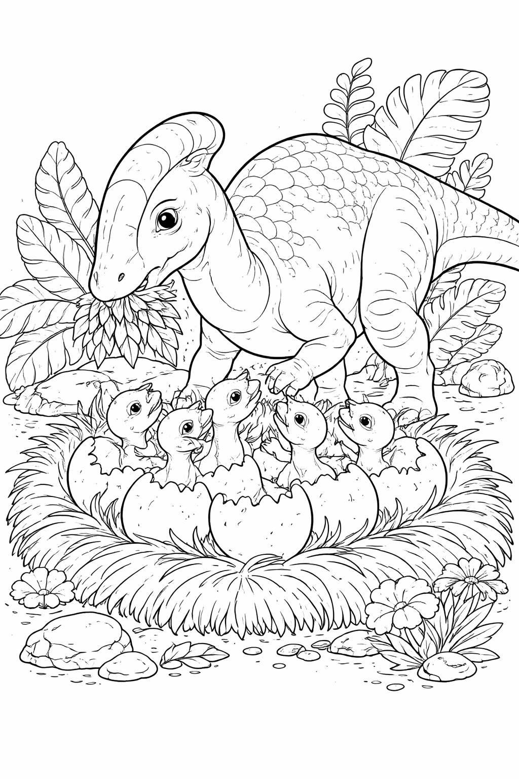 Maiasaura Feeding Her Babies - Free Dinosaur Coloring Page