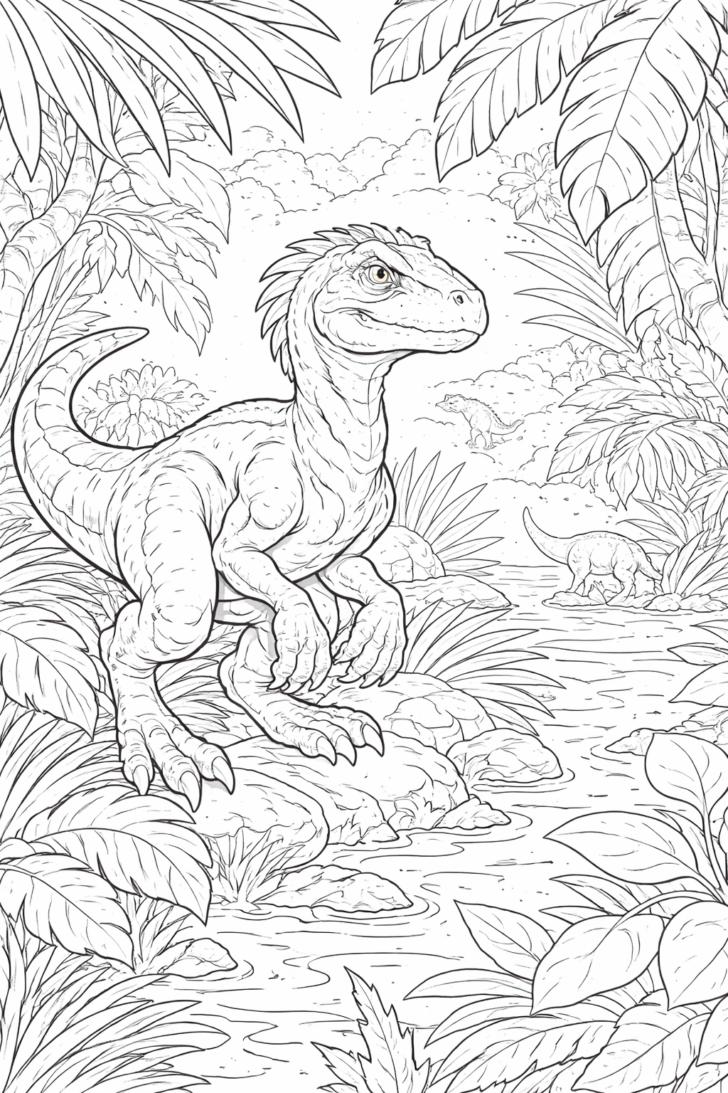 Velociraptor Watching Prey Quietly – Free Dinosaur Coloring Page