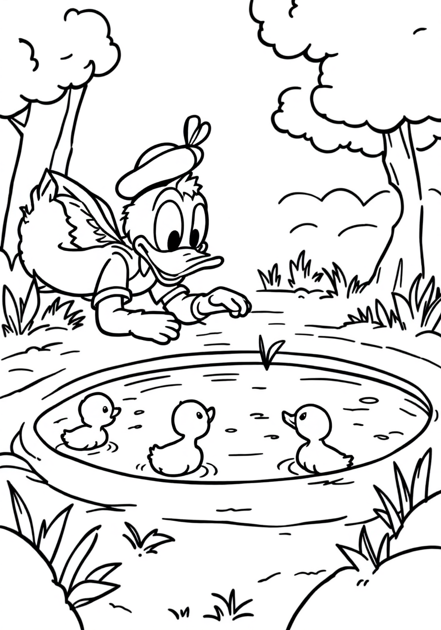 Donald Duck Feeding Ducklings in the Pond - Free Disney Coloring Page