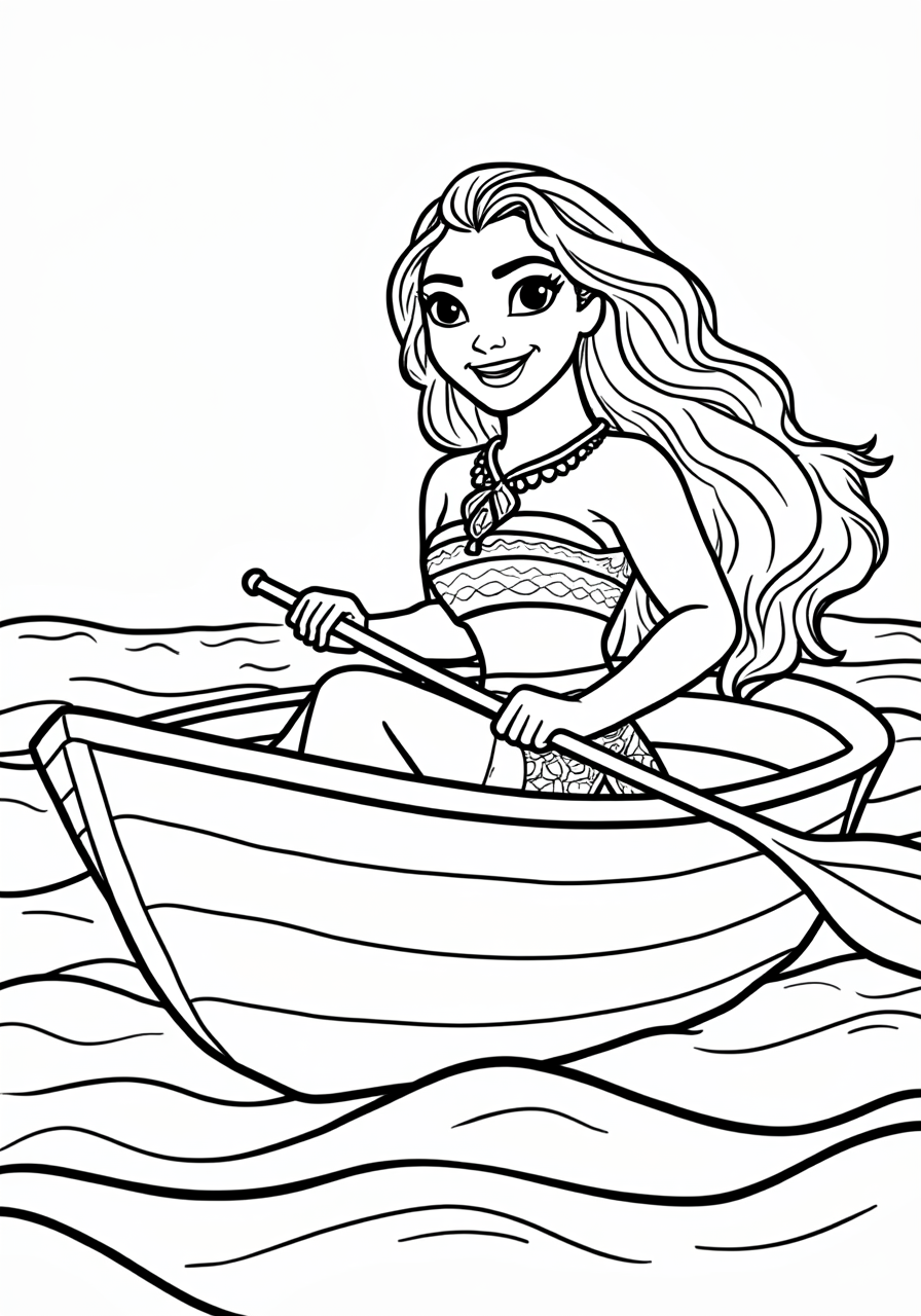 Moana Sailing Her Boat on the Ocean - Free Disney Coloring Page