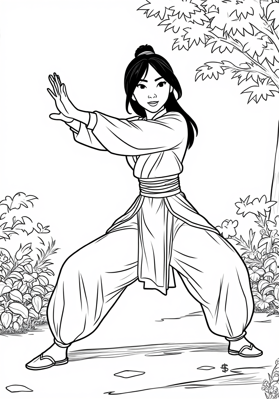 Mulan Practicing Martial Arts in Her Garden - Free Disney Coloring Page
