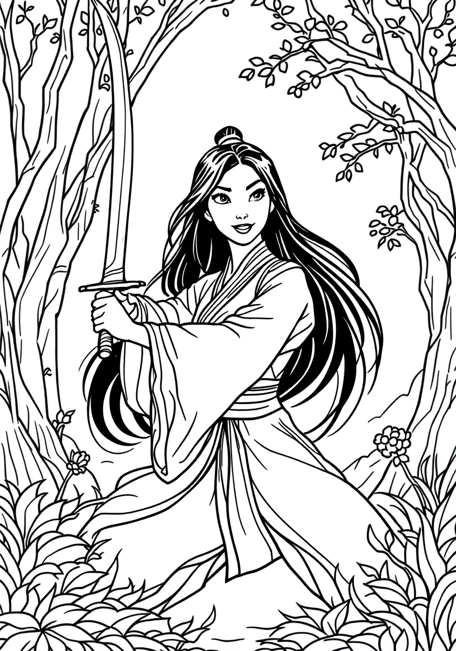 Mulan Training With Her Sword - Free Disney Coloring Page