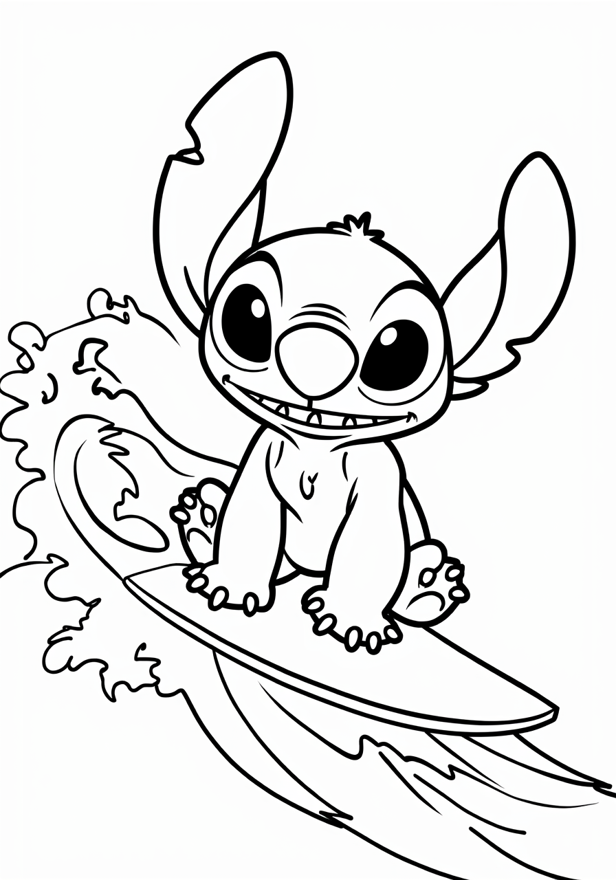 Stitch Surfing On A Wave - Free Disney Coloring Page