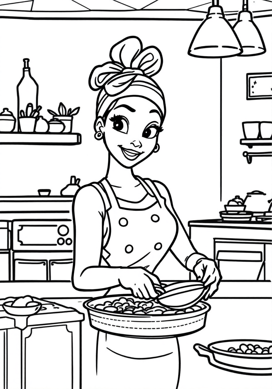 Tiana Cooking at Her Restaurant - Free Disney Princess Coloring Page