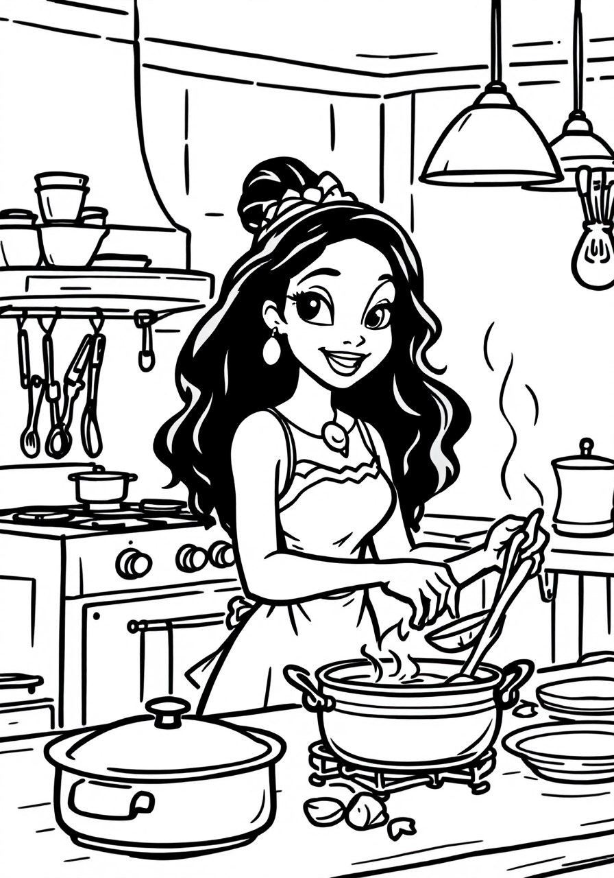 Tiana Cooking Gumbo in Her Restaurant - Free Disney Coloring Page