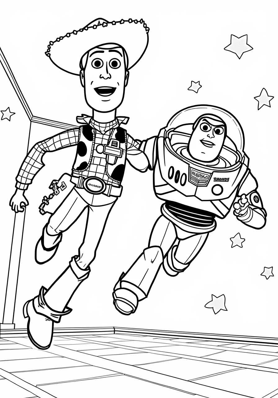 Woody And Buzz Flying Across The Room - Free Disney Coloring Page