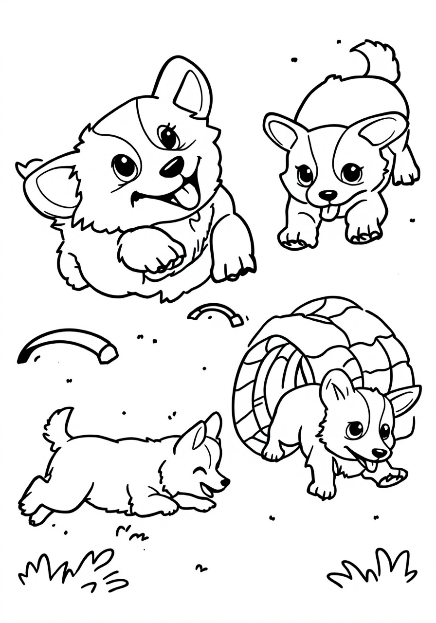 Corgis Performing Agility Tricks - Free Dog Coloring Page