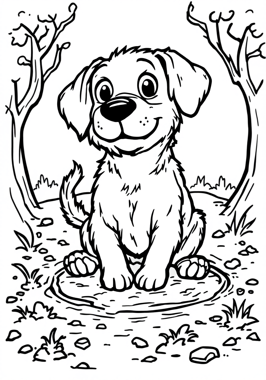 Curious Dog Digging a Hole - Free Dog Coloring Page