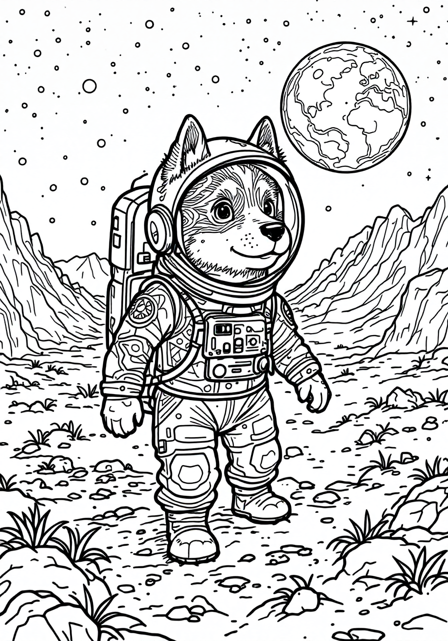 Dog Astronaut Exploring the Moon - Fun Space Coloring Page for Kids
