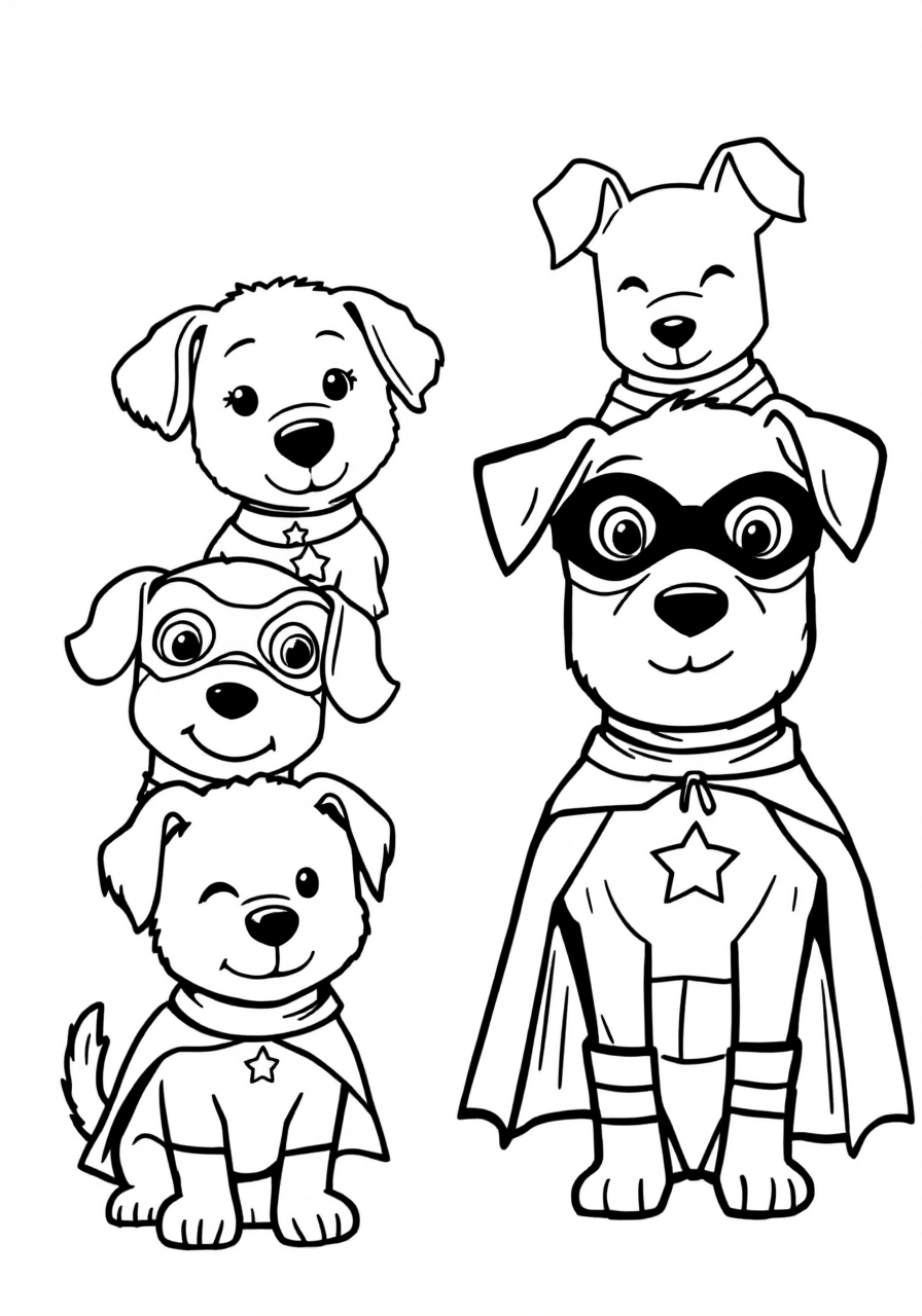 Dogs Dressed as Superheroes - Free Dog Coloring Page Printable