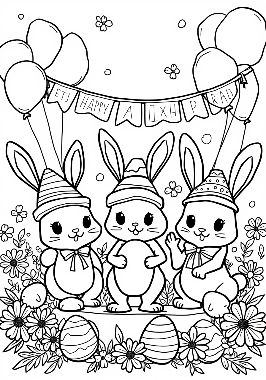 Easter Parade with Bunnies and Balloons - Free Easter Coloring Page